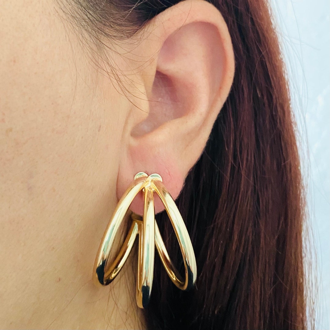 Triple Hoop Earrings, Gold Triple Hoops, Big Trendy Hoops, Thick Hoop ...