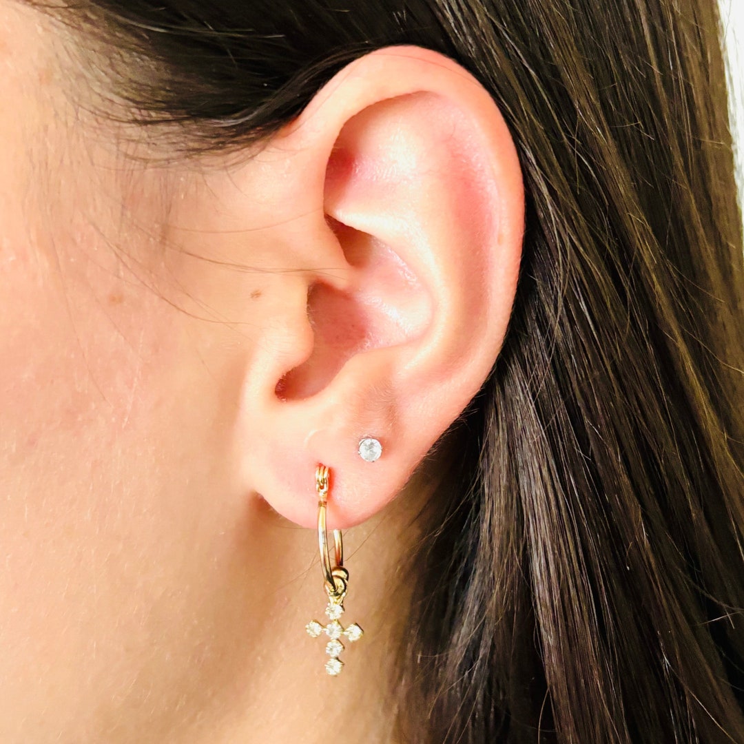 Cross Hoop Earrings, 18K Hoop Earrings, Cross Earrings, Christian ...