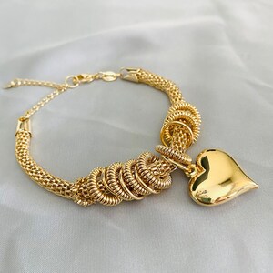 Heart Bracelet, Gold Mesh Bracelet, Heart Pendant, Charm Bracelet, Gold ...