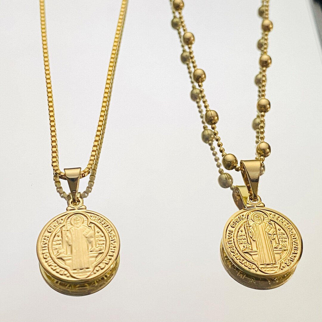Gold Coin Necklace, St Benedict, Medallion Necklace, Coin Necklace ...