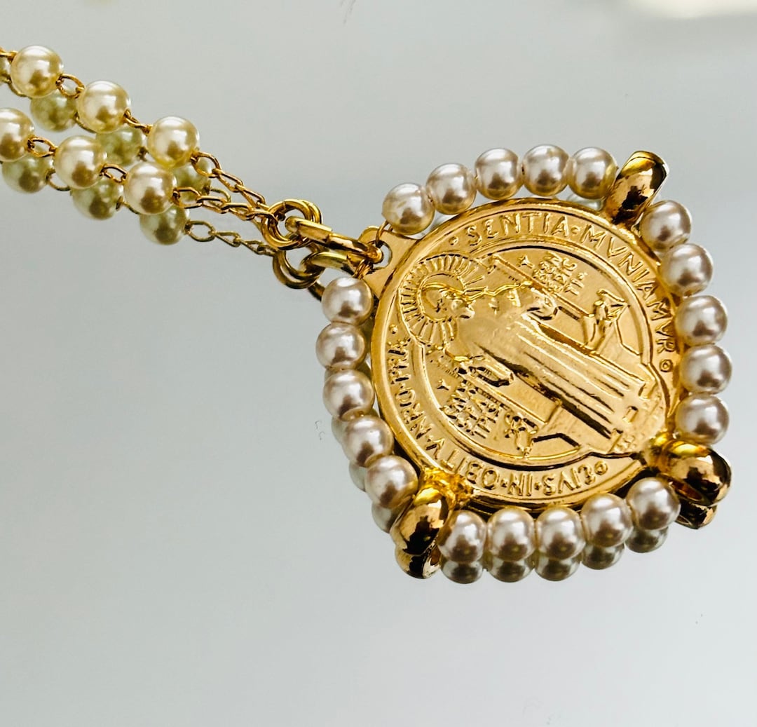 Gold Coin Necklace, St Benedict, Medallion Necklace, Coin Necklace ...