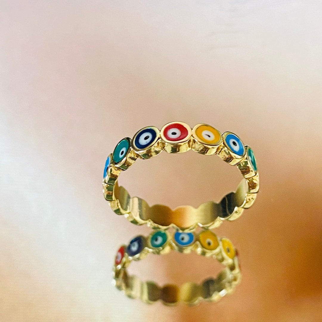 Evil Eye Ring, Enamel Ring, Multicolor Turkish Eye Ring, Tiny Eye Ring ...
