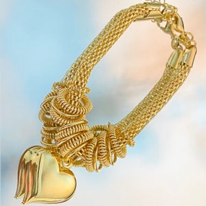 Heart Bracelet, Gold Mesh Bracelet, Heart Pendant, Charm Bracelet, Gold ...