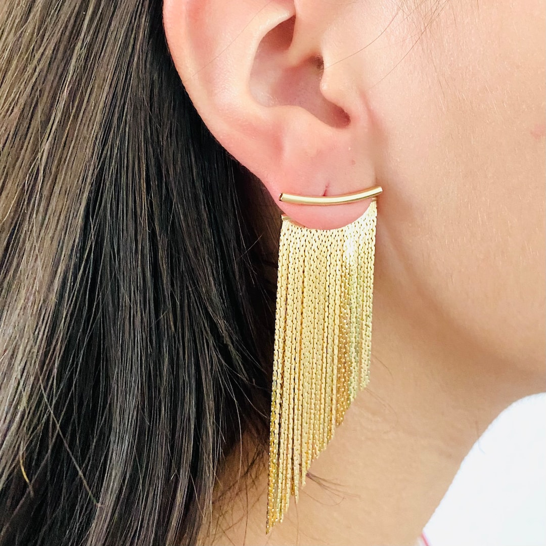 Gold Fringe Earrings, Long Dangle Earrings, Ear Jacket Earrings, Gold ...