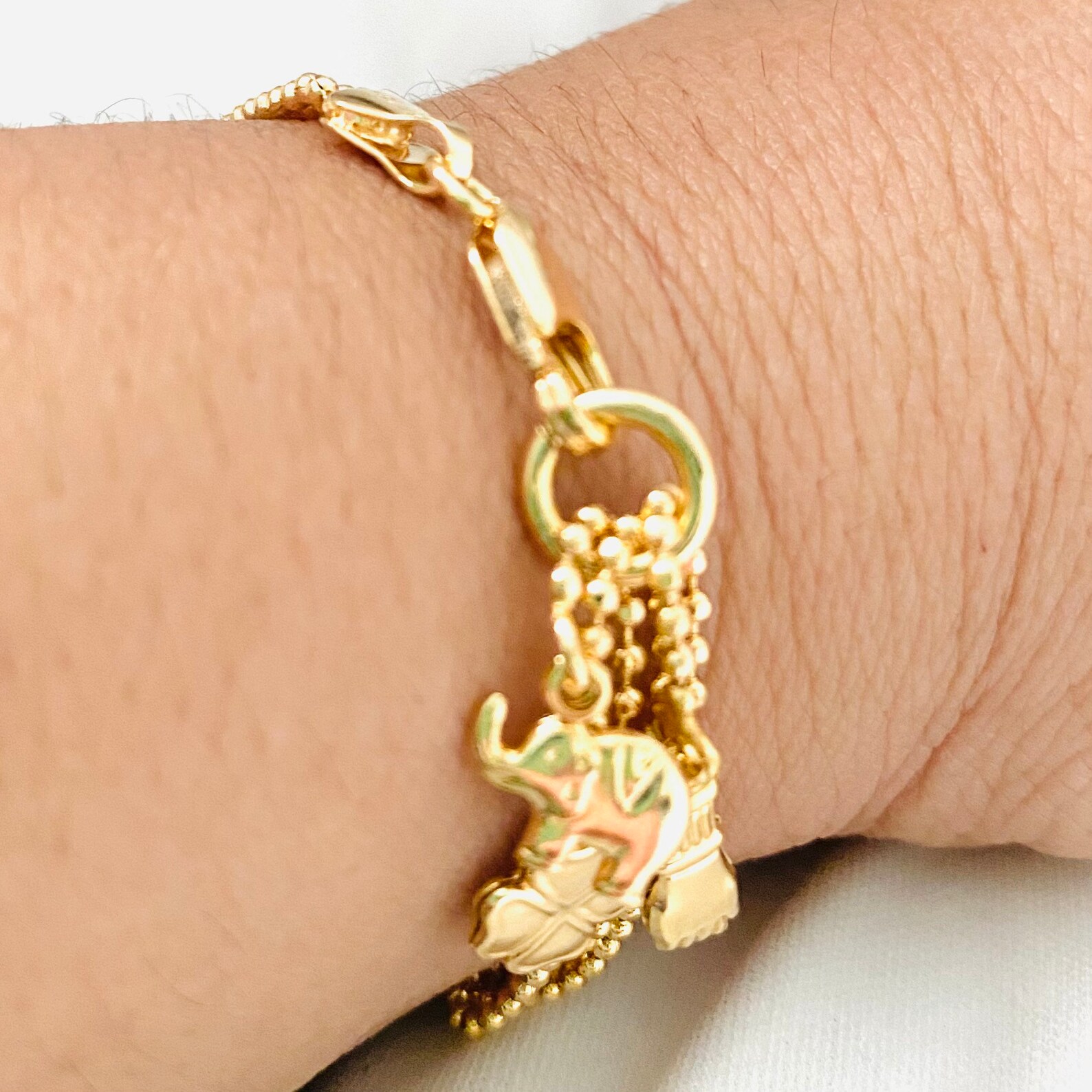 18K Gold Filled Charm Bracelet: Lucky Clover, Elephant, Figaro Hand - Etsy