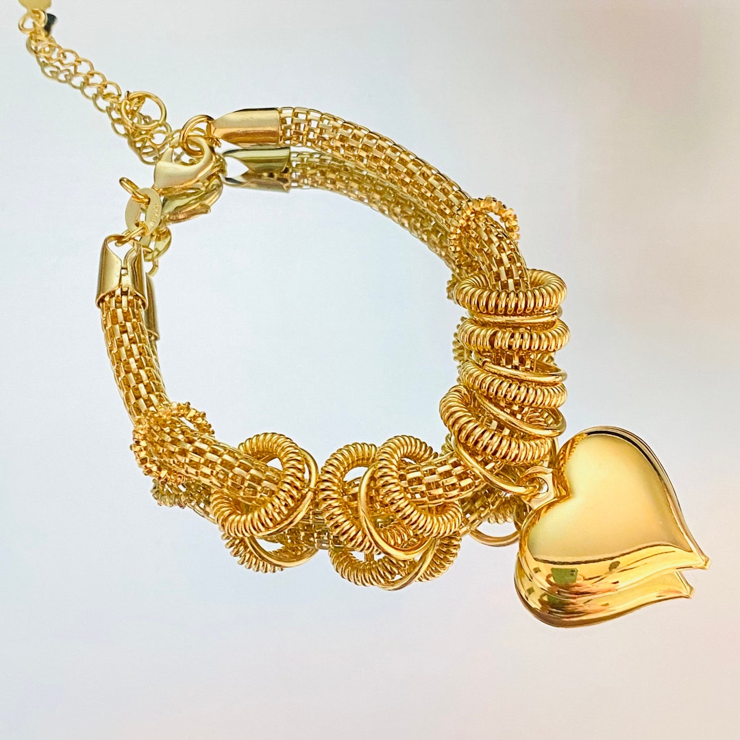 Heart Bracelet, Gold Mesh Bracelet, Heart Pendant, Charm Bracelet, Gold ...