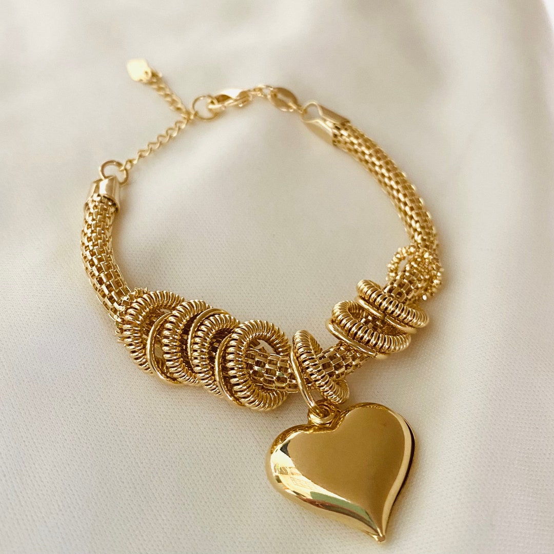 Heart Bracelet Gold Mesh Bracelet Heart Pendant Charm - Etsy