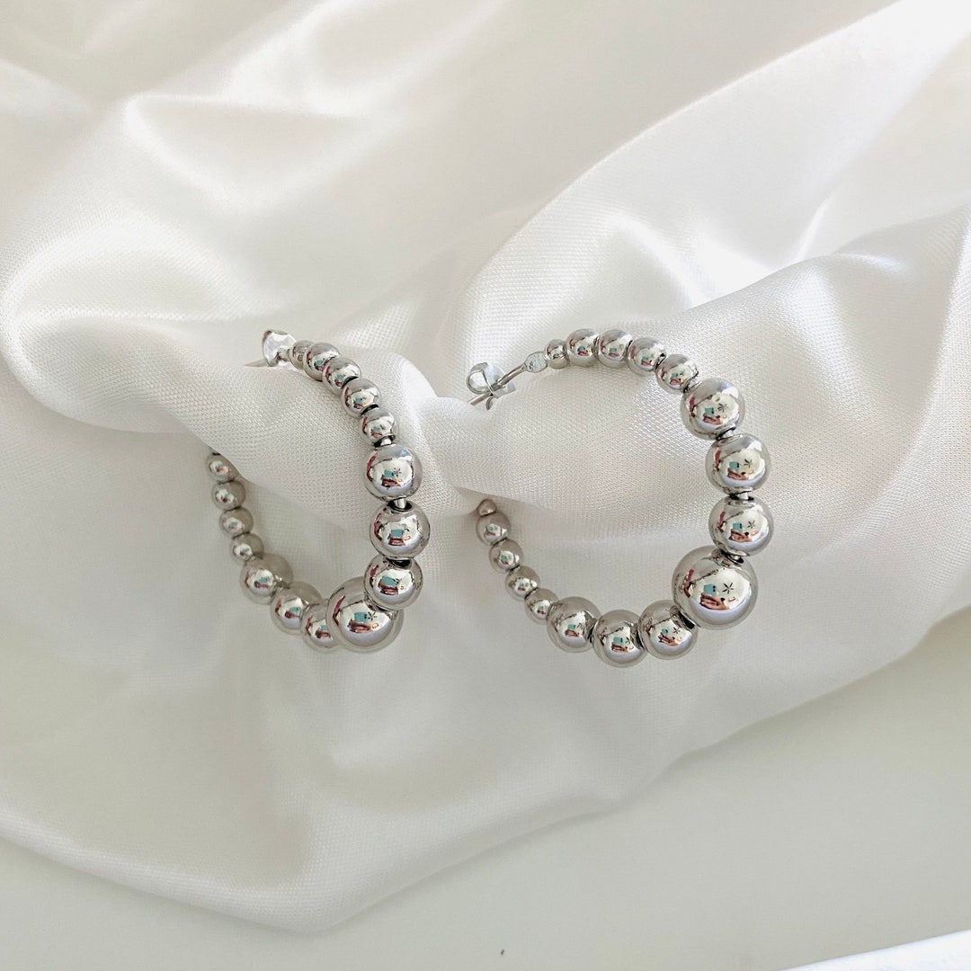 Silver Beaded Hoops, Ball Hoop Earrings, Medium Silver Hoops, Silver ...