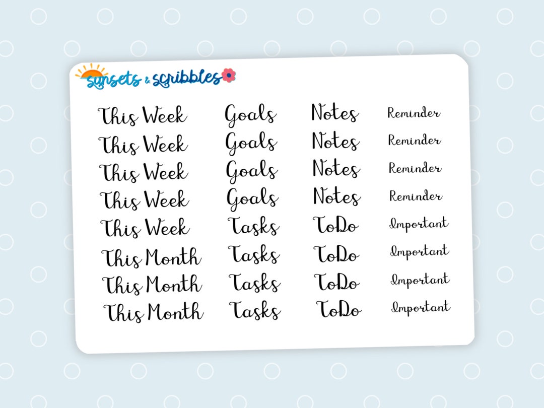 Reminders Lettered Stickers Calligraphy Font Sticker Sheet Planner ...