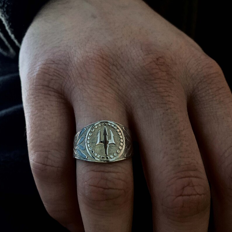 Poseidon Trident Cushion Signet Ring, Sterling Silver Greek Mythology ...