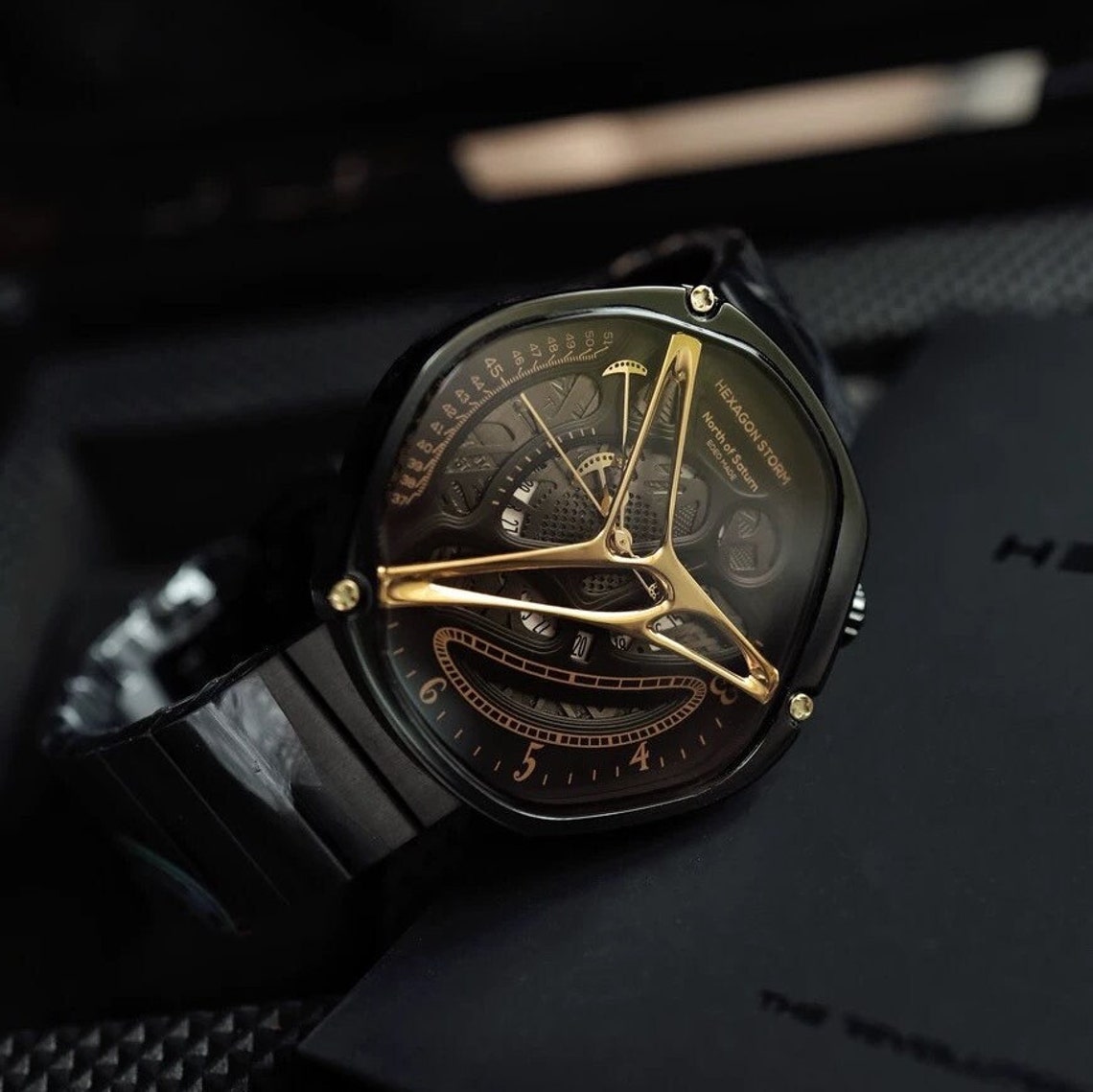 Hexagon Black Waterproof Skeleton Dial Men's Quartz Watch - Etsy