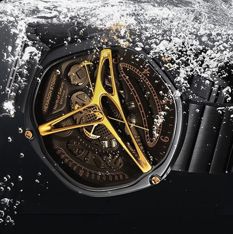 Hexagon Black Waterproof Skeleton Dial Men's Quartz Watch Sapphire ...