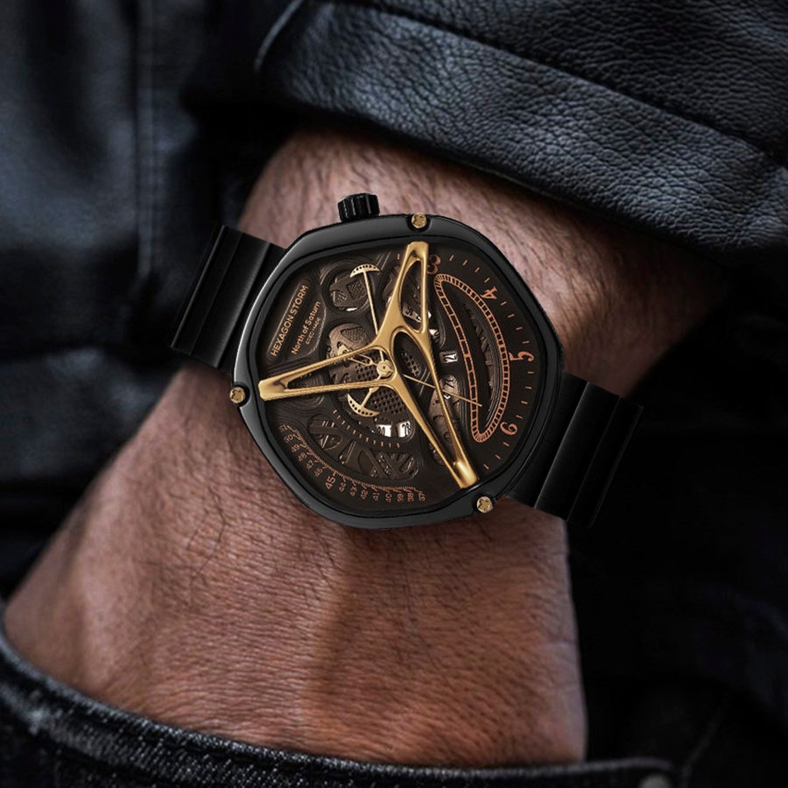 Hexagon Black Waterproof Skeleton Dial Men's Quartz Watch Sapphire ...
