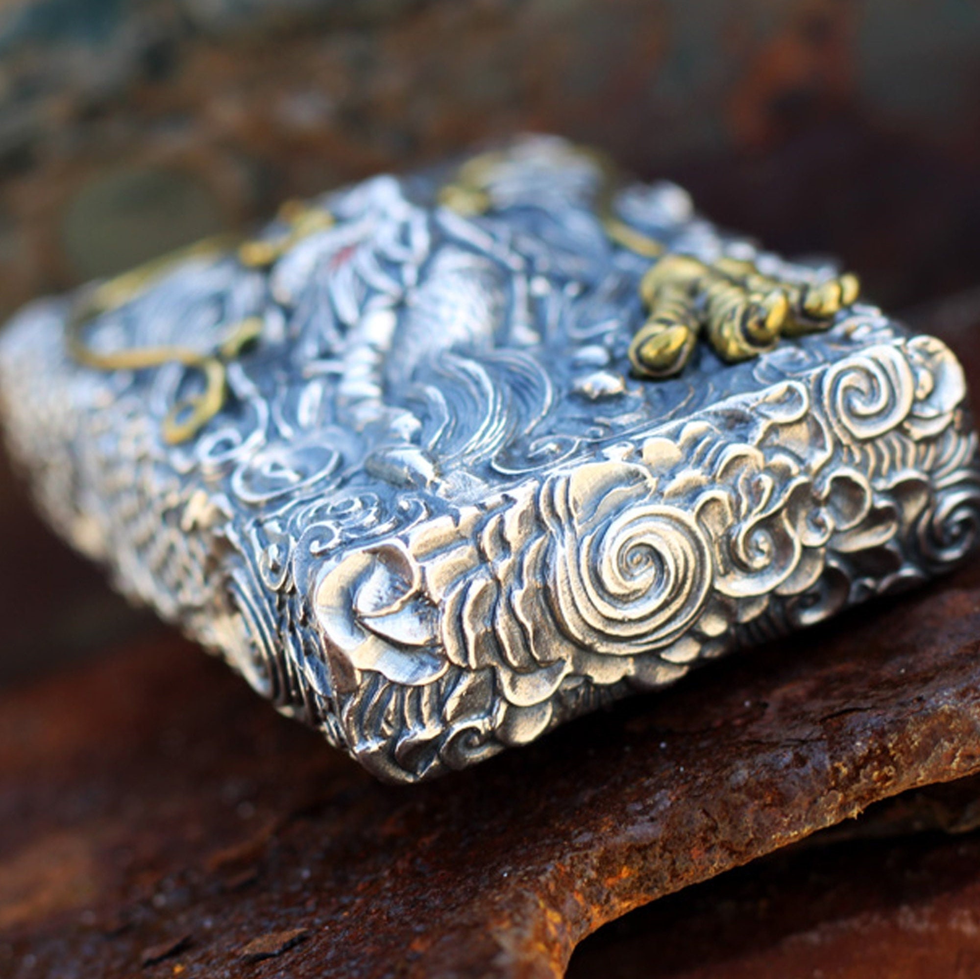 Handmade Dragon Lighter Shell Sterling Silver Inlaid Ruby Vintage ...