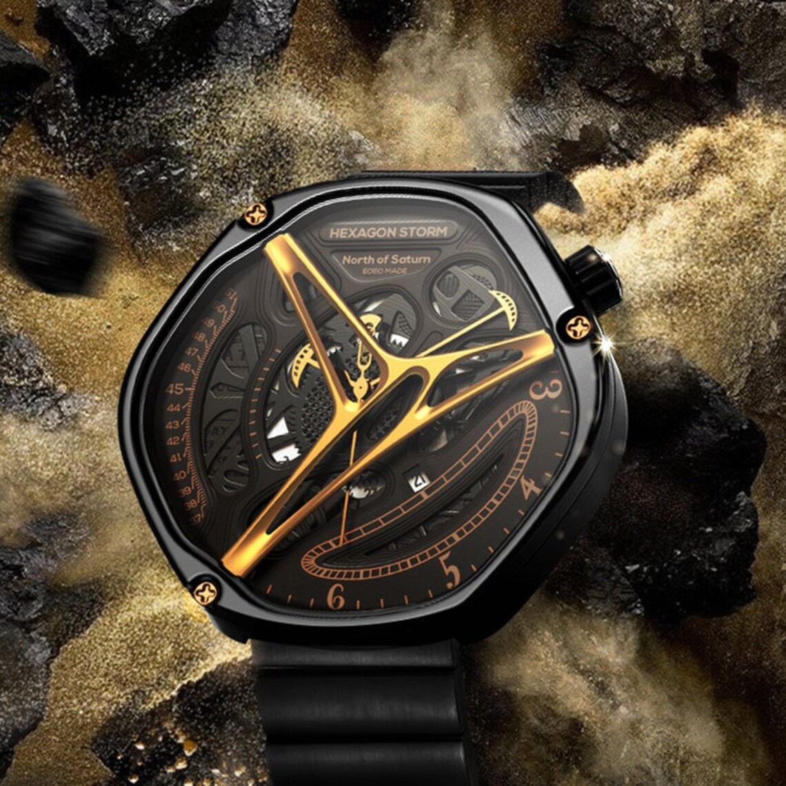 Hexagon Black Waterproof Skeleton Dial Men's Quartz Watch - Etsy