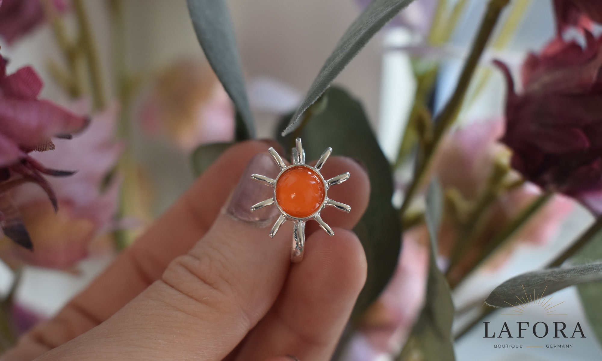 Ring in Silver With Sun and Orange Pearl / Sun Ring, Sun Symbol ...