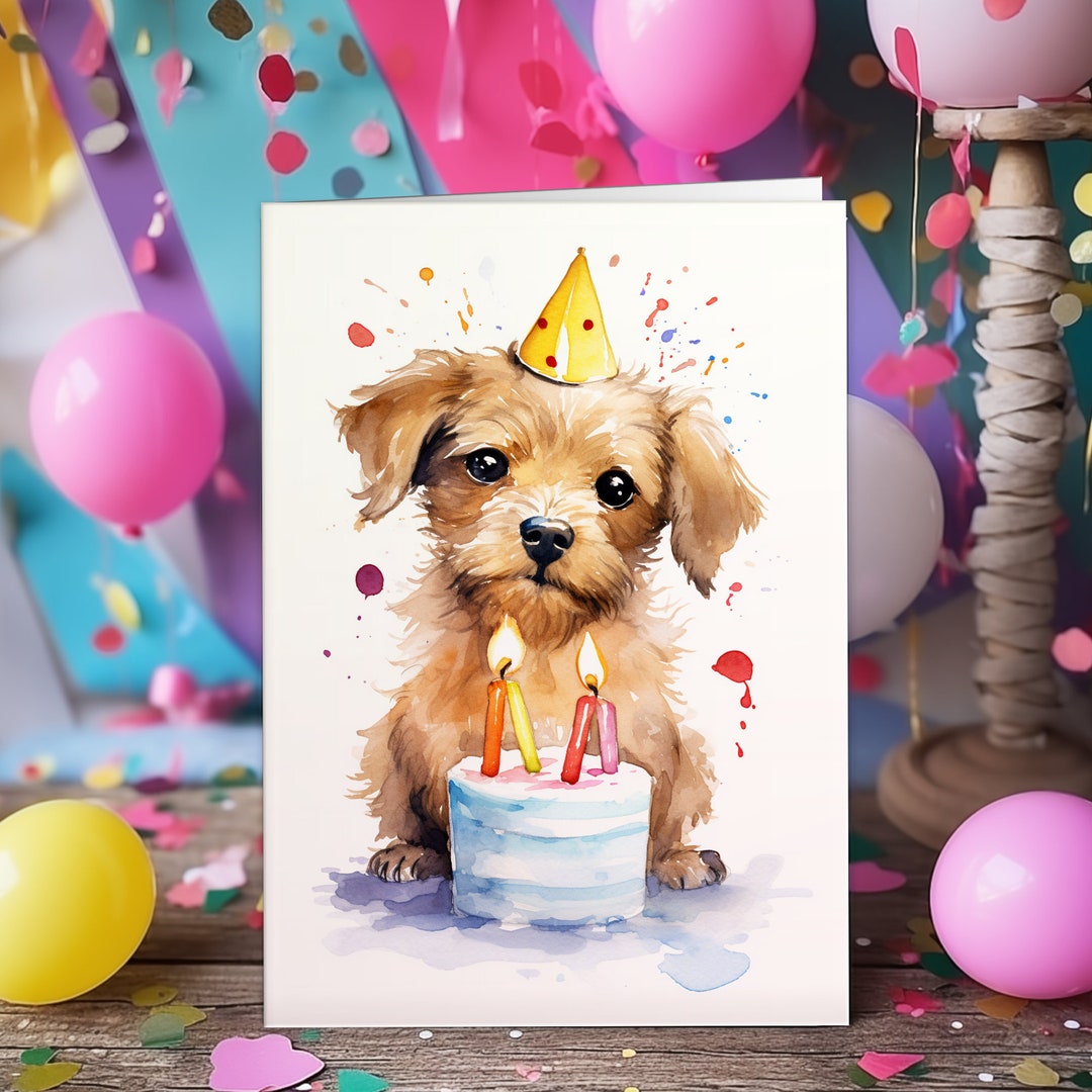 Puppy Birthday Card Cute Illustration Pet Animals Blank A6 Card Dog ...