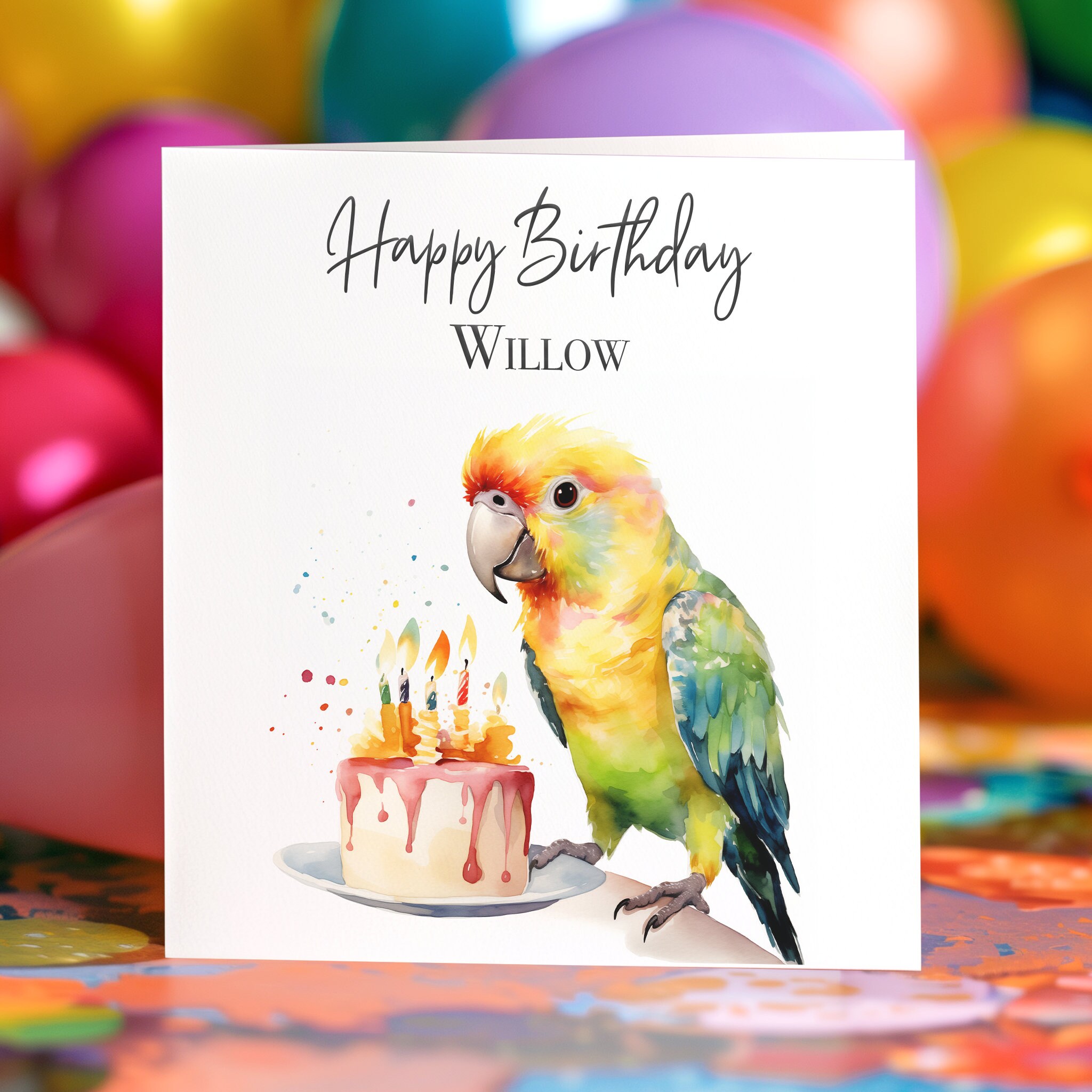 Parrot Birthday Card Cute Personalised Custom Painting Animals Blank ...