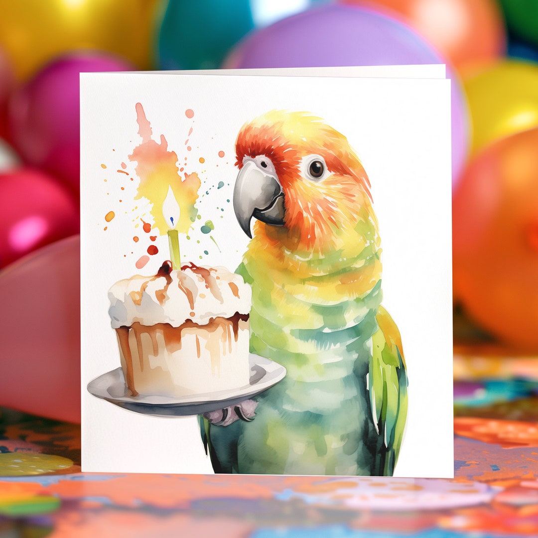 Parrot Birthday Card Cute Personalised Custom Painting Animals Blank ...