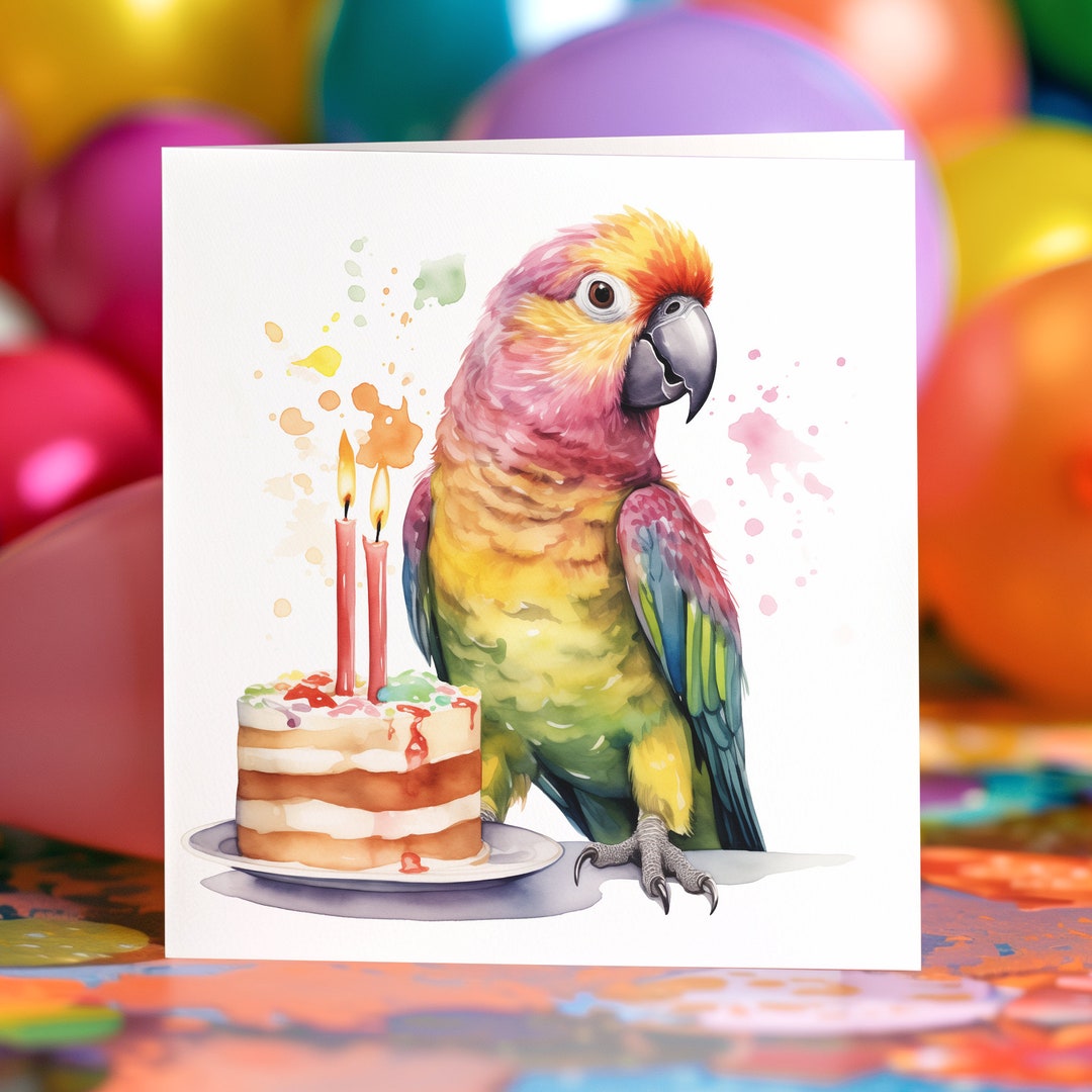 Parrot Birthday Card Cute Personalised Custom Painting Animals Blank ...
