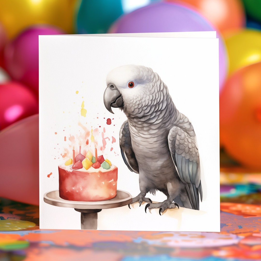African Grey Parrot Birthday Card Cute Personalised Custom Painting ...