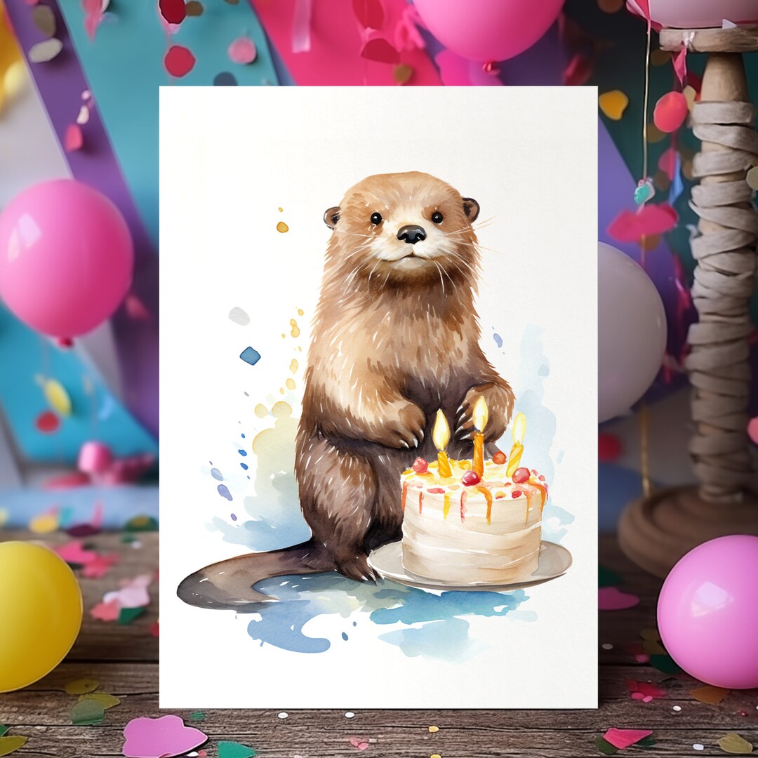 Otter Birthday Card Cute Painting Personalised Custom Card for Mum Dad ...