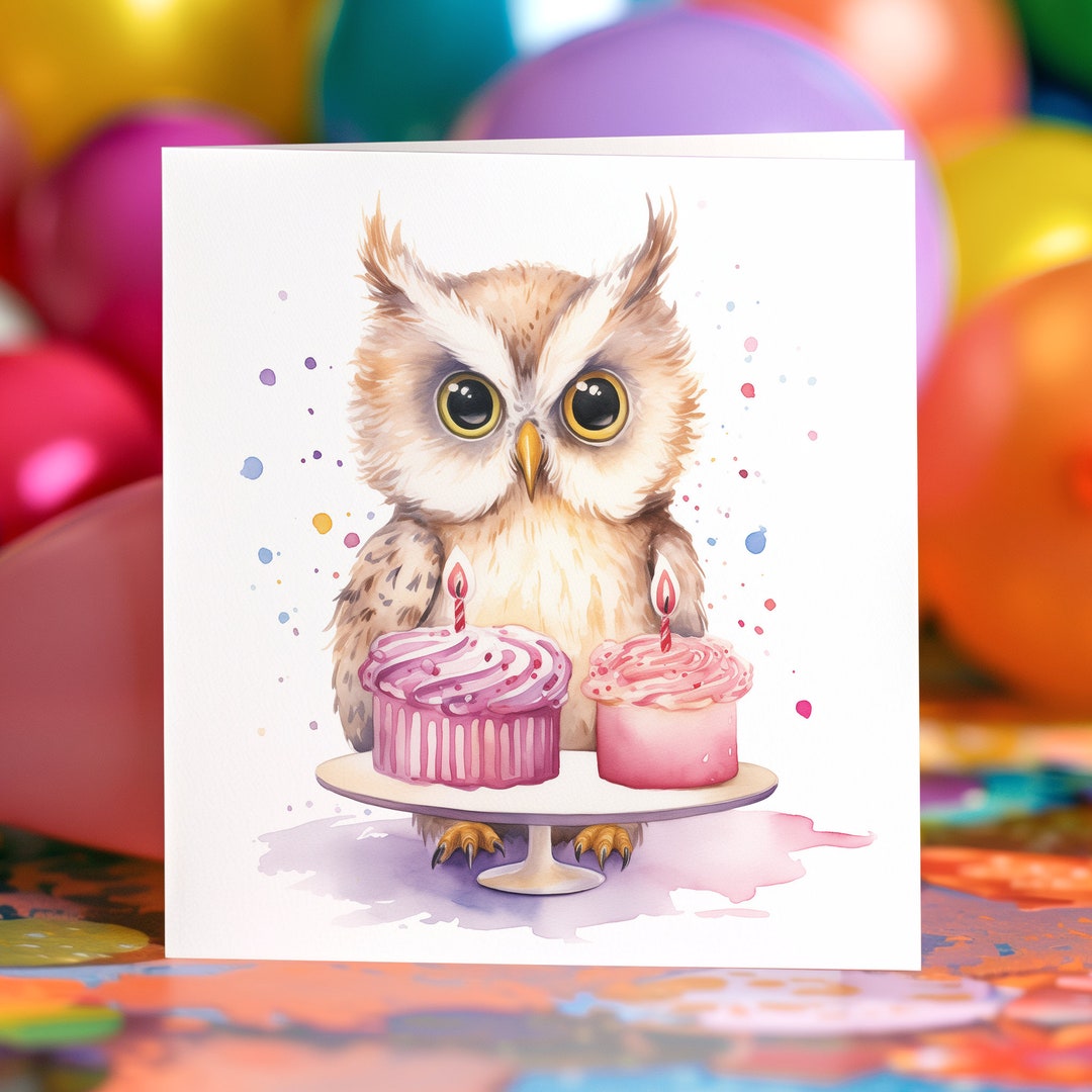 Owl Birthday Card Cute Personalised Custom Painting Animals Blank Card ...
