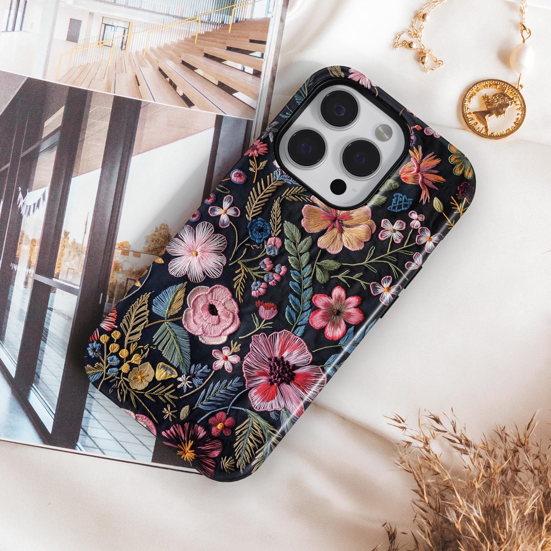 Floral Embroidery Phone Case iPhone 15 14 13 12 11 Pro Max, Cute S24 ...