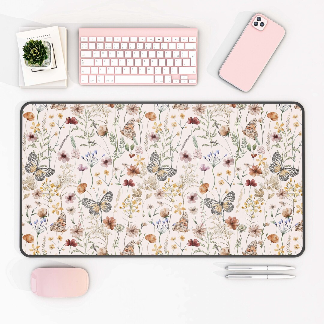 Boho Butterfly Floral Desk Mat, Cottagecore Botanical Mousepad, Beige ...
