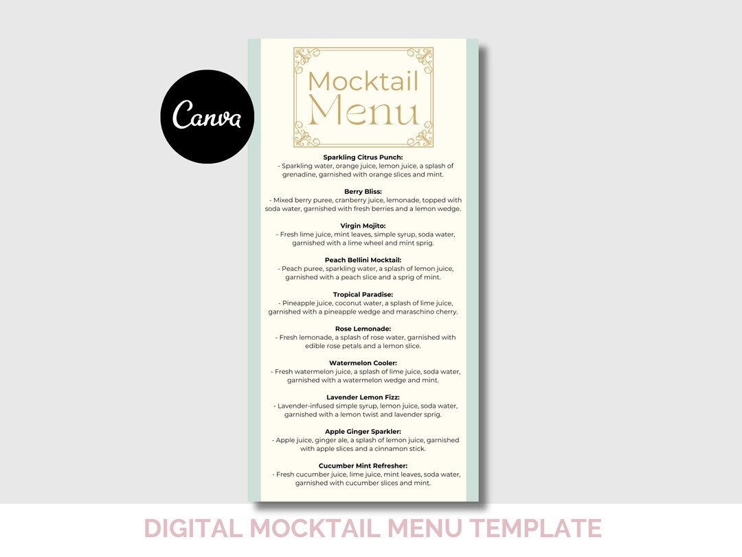 Fairy Tale Baby Shower Mocktail Menu: Soft Green and Gold Canva ...