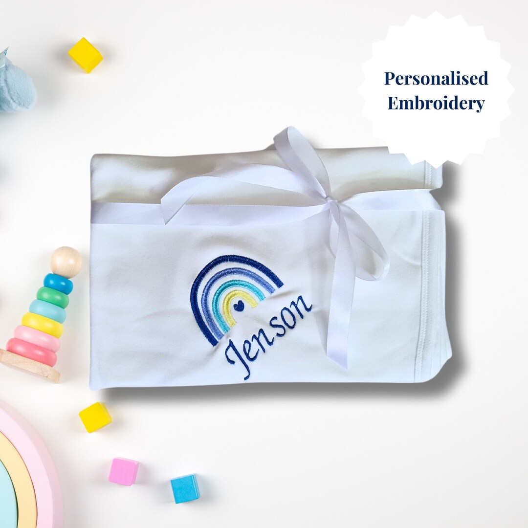 Personalised BLUE RAINBOW Baby Blanket, Embroidered Baby Blanket for ...