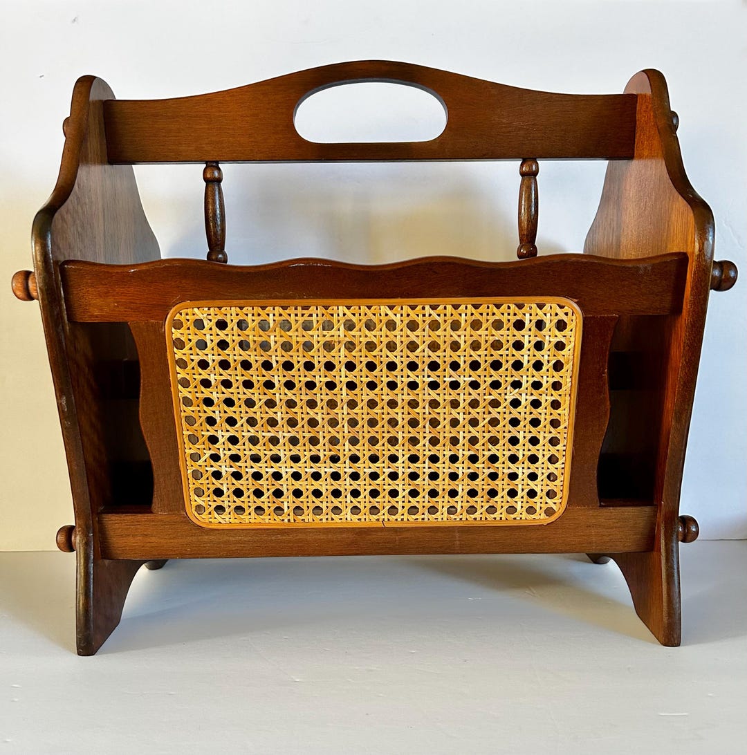 Vintage Jay Import Co. Oak Wood and Rattan Cane Magazine Rack Holder - Etsy