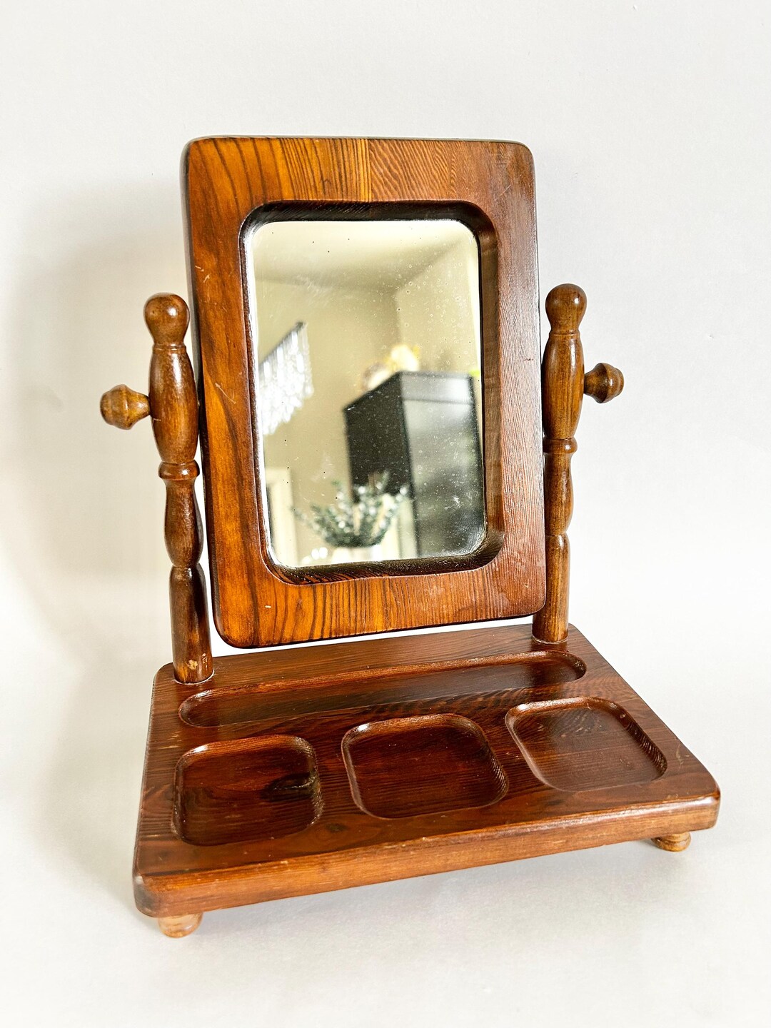 1970s Spindle Tabletop Vanity Mirror – Wooden Dresser Caddy Organizer ...