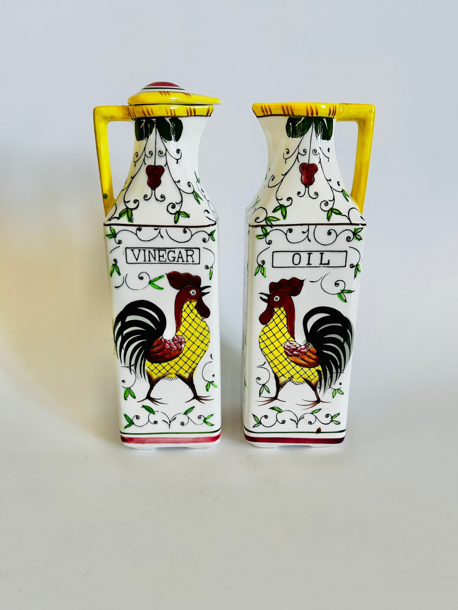 Vintage Early Provincial Hand Painted Roosters Oil and Vinegar Cruet ...