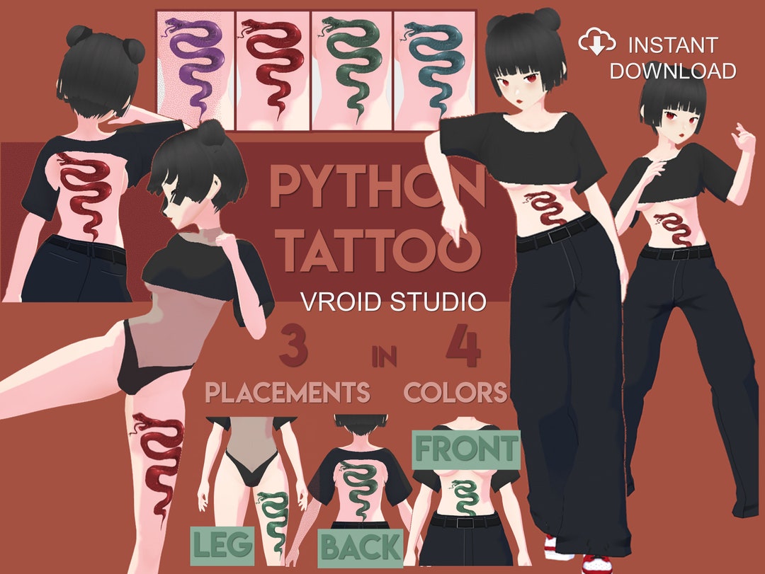 Vtuber Snake Python Tattoo With 3 Ways of Placement in 4 Colors— VROID Texture "inner Top" or ...