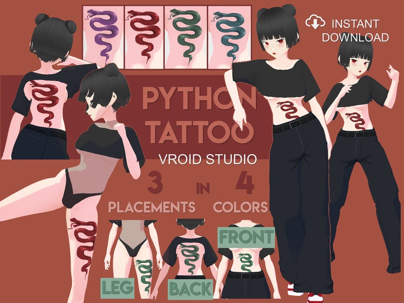 Vtuber Snake Python Tattoo With 3 Ways of Placement in 4 Colors— VROID Texture "inner Top" or ...