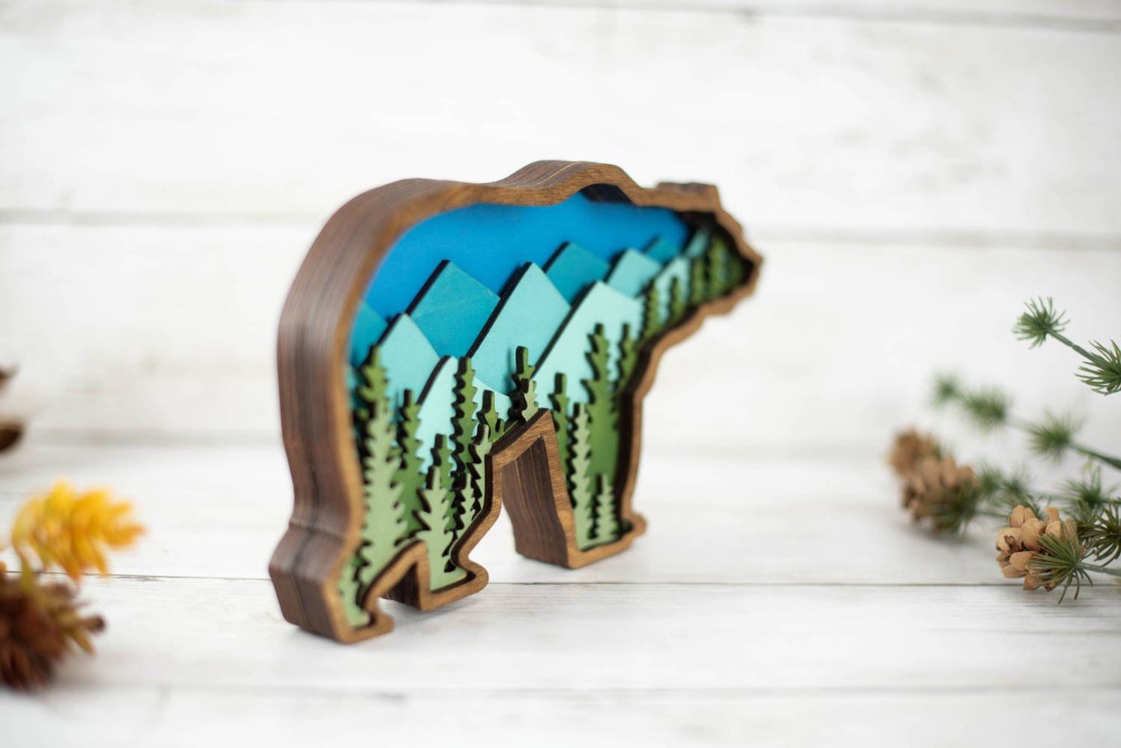 Layered Bear Art With Mountains and Trees Great Gift for - Etsy