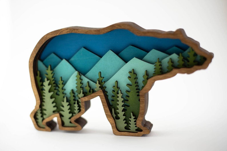 Layered Bear Art With Mountains and Trees Great Gift for - Etsy