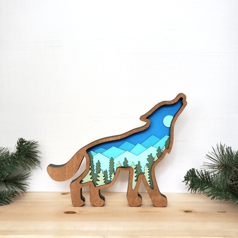 Layered Wolf Art 3D Wall Art Mountains and Trees Outdoor - Etsy