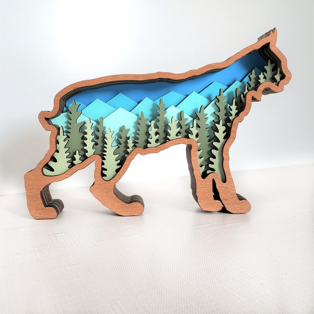 Layered Bobcat Art With Mountains and Trees Great Gift for Outdoor ...