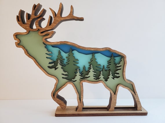 Layered Elk Art With Mountains and Trees Gift for Outdoor - Etsy