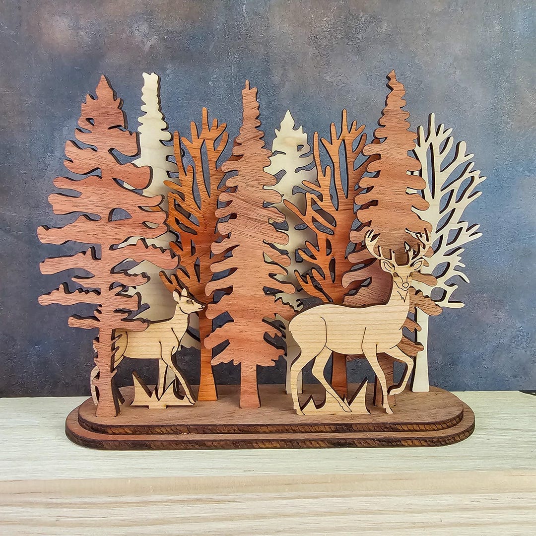 3D Layered Deer Pair Interchangeable Forest Scene Mantel Decoration ...