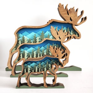Layered Moose Art With Mountains and Trees, Gift for Outdoor Lover Home ...