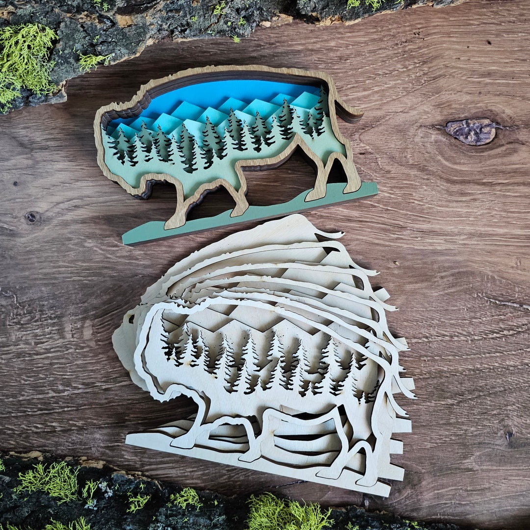 Layered Wood Bison or Buffalo DIY Art Kit With Mountain Nature ...