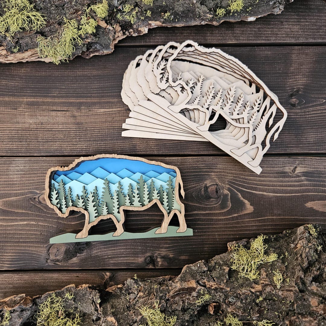 Layered Wood Bison or Buffalo DIY Art Kit With Mountain Nature ...