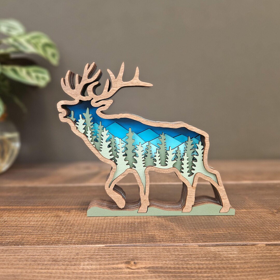 Rustic 3D Elk Wood Art With 7 Layer Laser Cut Forest Scene, Mountain ...