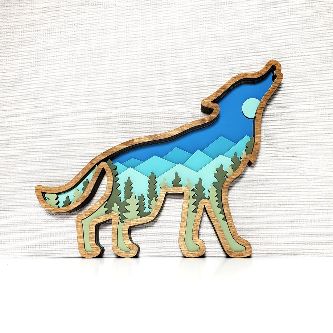 Layered Wolf Art, 3D Wall Art, Mountains and Trees, Outdoor Lover Gift ...