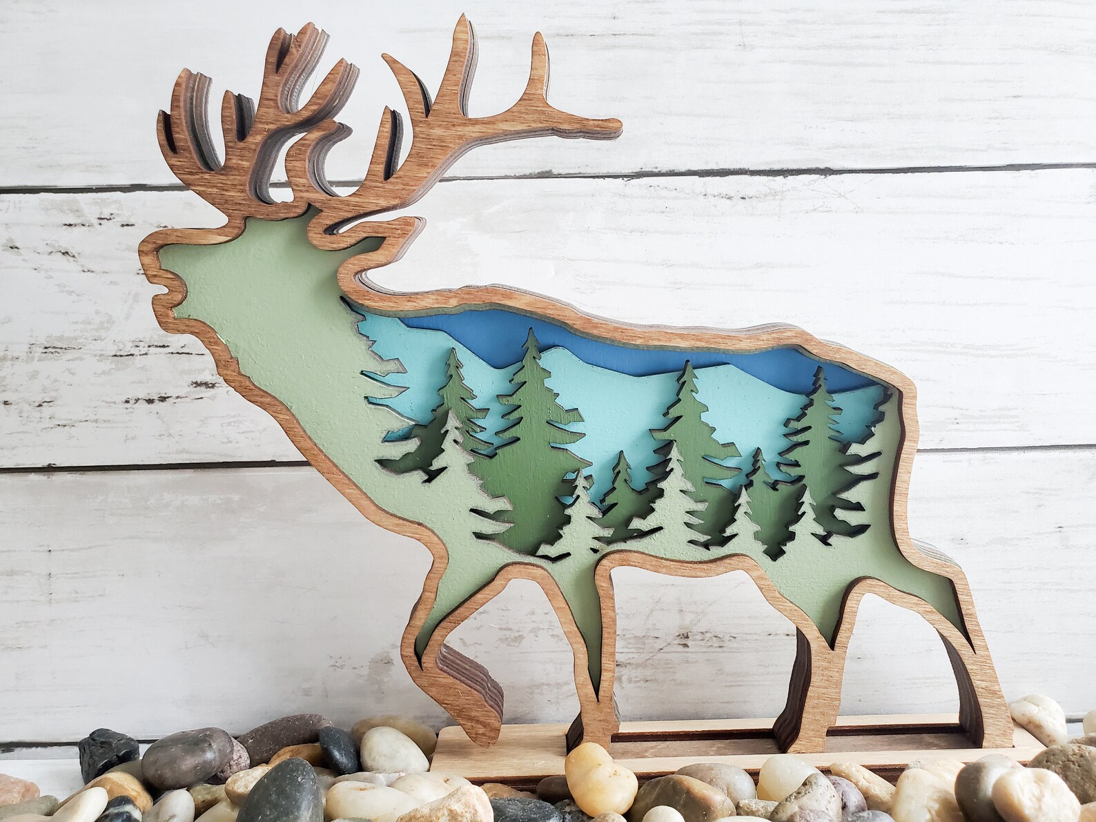 Layered Elk Art With Mountains and Trees Gift for Outdoor | Etsy