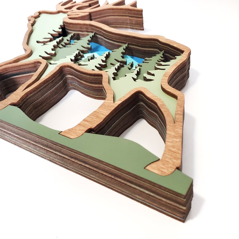 Layered Elk Art With Mountains and Trees Gift for Outdoor - Etsy