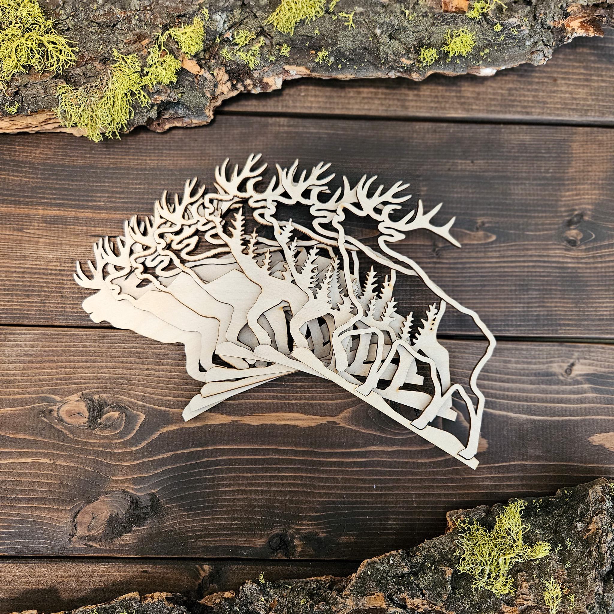 Layered Wood Elk DIY Art Kit With Mountain Nature Landscape for Girl's ...